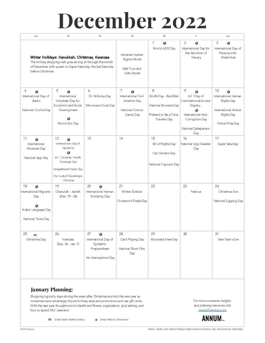 December Printable Calendar | December Holidays | Annum