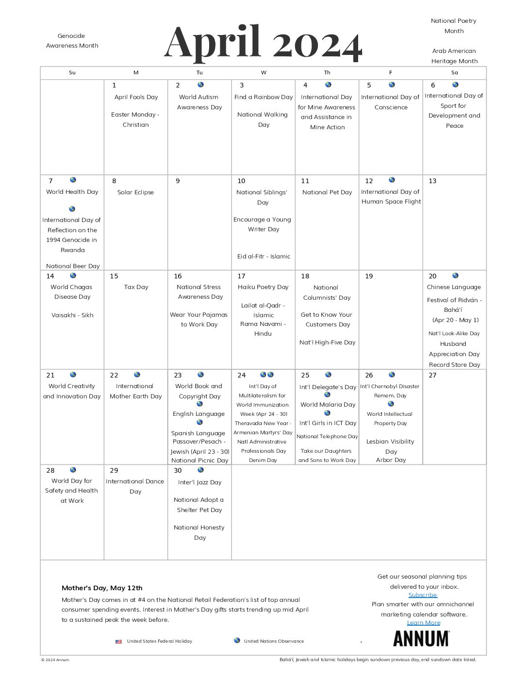 Printable April 2024 Calendar | April Holidays | Annum